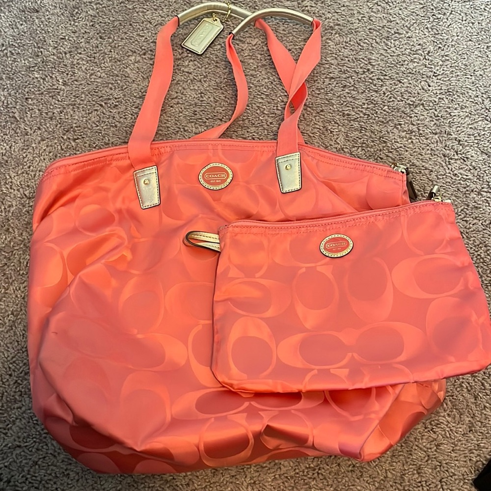 Coral Coach Nylon Tote Bag With Matching Pouch - Gem